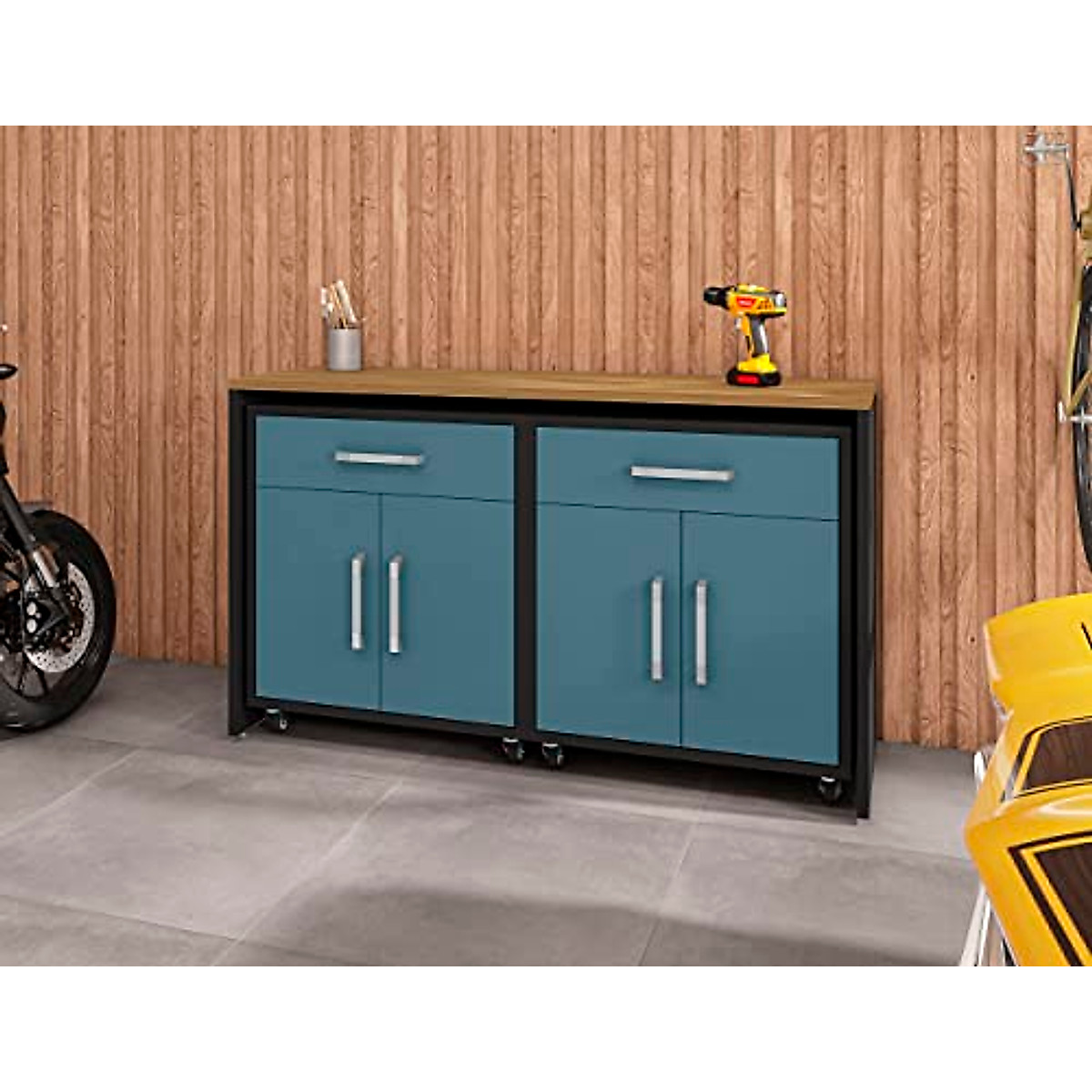 Manhattan Comfort Eiffel Garage Work Station Set of 3 Matte Black and Aqua Blue