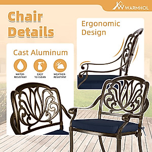 W WARMHOL 5-Piece Outdoor Patio Dining Set, All-Weather Cast Aluminum Patio Furniture Set for Backyard Garden Deck with 4 Chairs, 4 Cushions and 35.4” Square Table, 2.2" Umbrella Hole, Navy