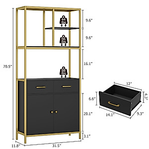 HITHOS 71" Tall Bookshelf, Modern White and Gold Bookcase, Book Shelves with Drawers and Storage Cabinet, Metal Etagere Bookcase Display Shelves for Home Office, Gold/Black