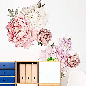 Watercolor Peony Flowers Wall Decals Floral Wall Stickers for Living Room, Delicate White & Pink Flowers Wall Posters Vinyl Blossom Art Applique for Bedroom Girls Room