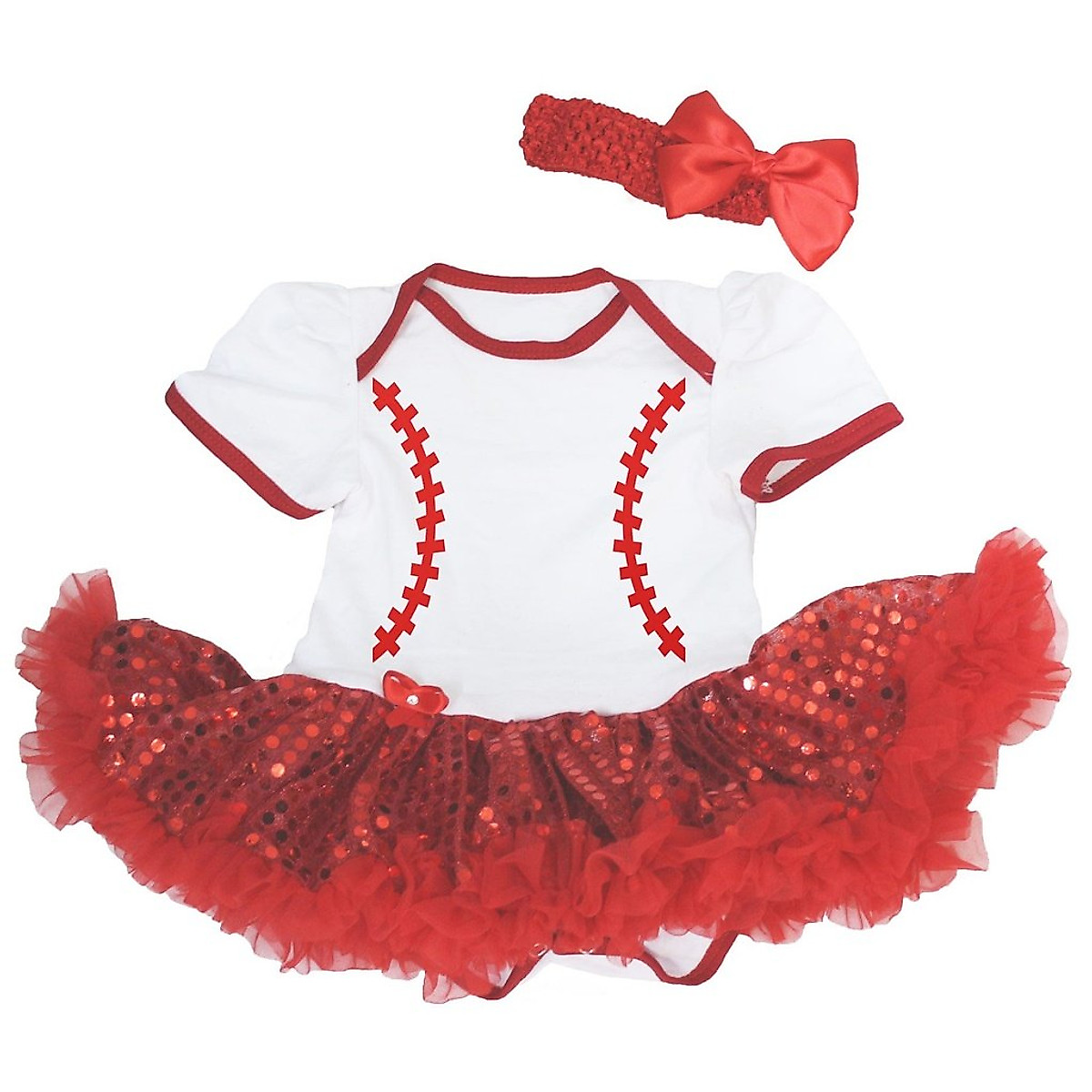 Petitebella Baseball Print Baby Dress Nb-18m (White/Red Sequins, 0-3 Months)