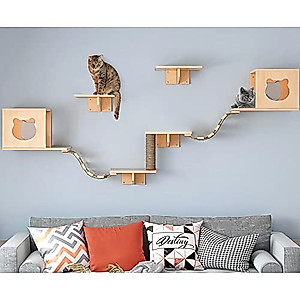 PETKABOO Cat Wall Furniture, Cat Wall Shelves, Floating Cat Wood Climb Furniture, Cat Wall-Mounted Playing Climber, 2 Cat Houses & 4 Cat Shelves & 2 Ladders & 1 Cat Scratching Post