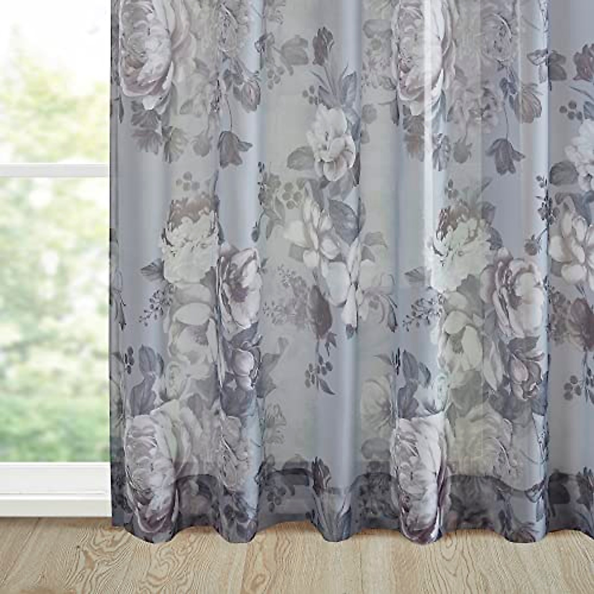 Madison Park Simone Floral Design Sheer Single Window Curtain Voile Privacy Drape for Bedroom, Livingroom, 50" x 84", Grey (MP40-6614)