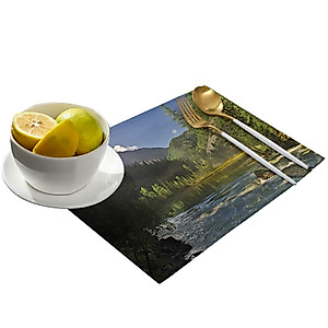 Placemats Set of 4, Flowing River and Pine Trees with Scenic Mountain Place Mats Dining Table Mat for Kitchen Washable Place Mats Heat-Insulation Non-Slip Plate Cup Mats for Table Decor, 13 x 19 Inch