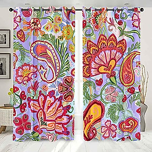 Pamime Shower Curtain Rod Holder Paisley Ethnic Pattern with Floral Red Orange Green Shower Curtain Rod Holder 52" W X 84" L Panels of 2