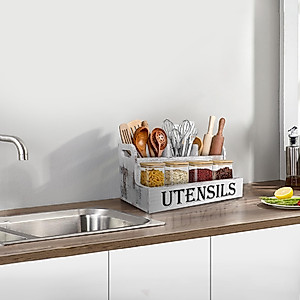 Suli Extra Large Kitchen Utensils Holder with 4 Compartments, White Wooden Utensil Organizer for Kitchen Countertop, Farmhouse Kitchen Decor, Rustic Cooking Utensil - White grain