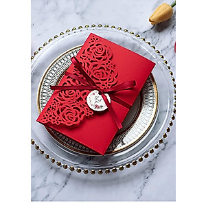 Cylallen 20sets 4.9x 7 inch Rose Laser Cut Wedding Invitation Jacket Pocket for Quinceanera Bridal Shower Baby Shower Party Dinner Invite (Red)