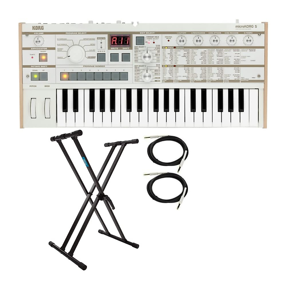 Korg microKORG S Synthesizer/Vocoder Bundle with Knox Gear Keyboard Stand and 10 Feet 1/4-Inch to 1/4-Inch 8mm TS Cable (2-Pack) (4 Items)