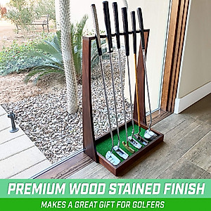 GoSports Premium Wooden Golf Putter Stand - Indoor Display Rack, Holds 6 Clubs - Black, Natural, Brown, White