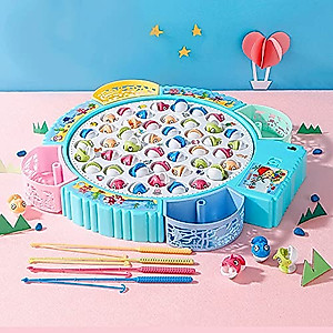 TuKIIE Fishing Game Toy Pole and Rod Fish Board Rotating with Music Includes 45 Fish and 4 Fishing Poles Fine Motor Skill Training Birthday Gifts for Children Kids Toddlers Boys Girls(Blue)