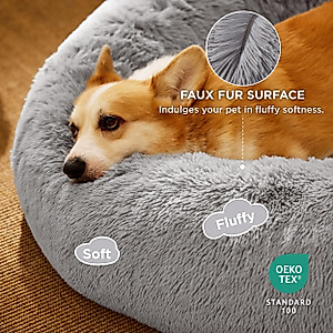 Bedsure Calming Dog Bed for Medium Dogs - Donut Washable Medium Pet Bed, 30 inches Anti-Slip Round Fluffy Plush Faux Fur Cat Bed, Fits up to 45 lbs Pets, Pale Grey