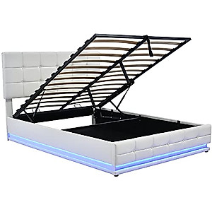 Bellemave Queen Lift Storage Bed with LED Lights and USB Charger, PU Upholstered Queen Platform Bed with Hydraulic Storage System for Kids Teens and Adults, No Box Spring Needed (Queen, White)