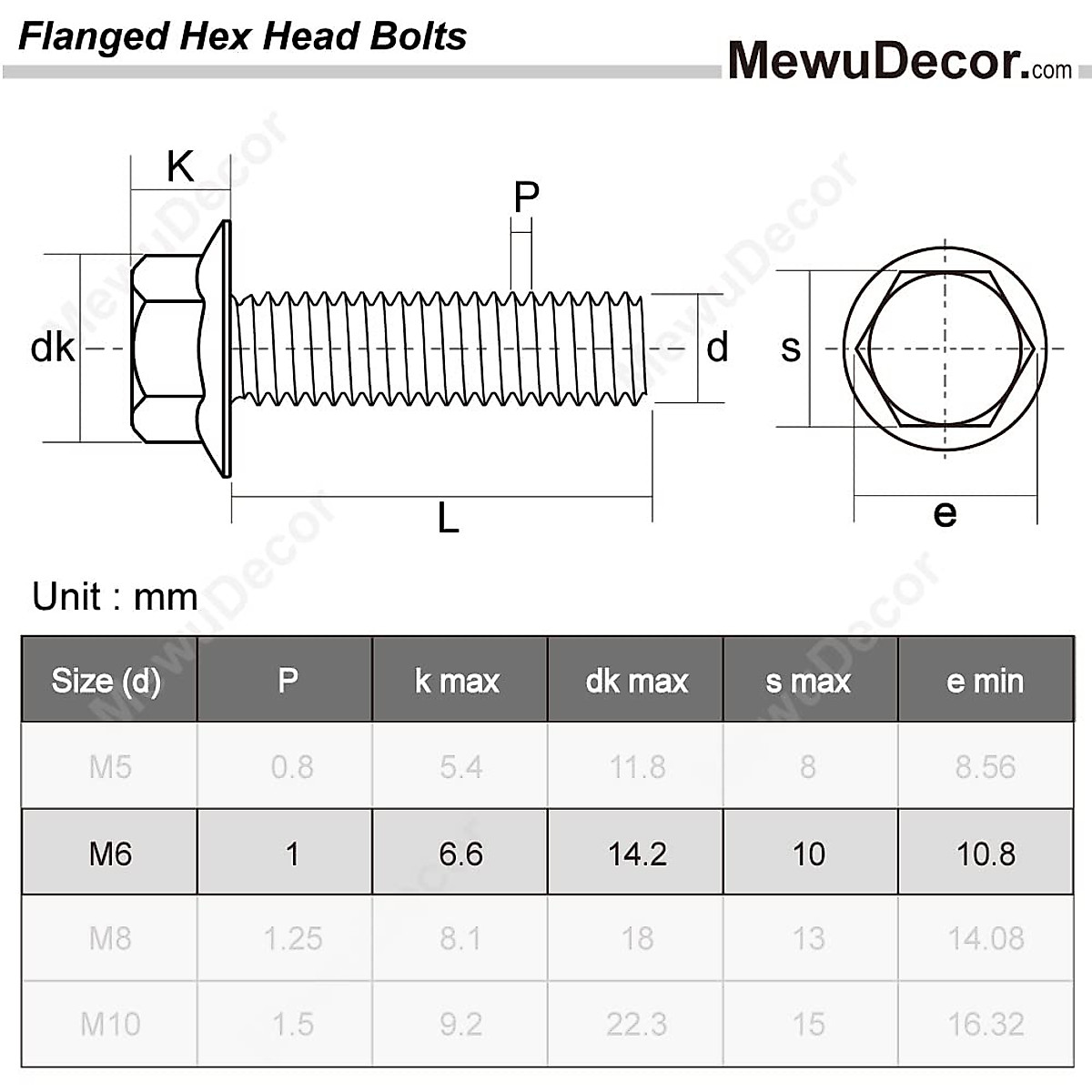 M6 x 16mm Flanged Hex Head Bolts Flange Hexagon Screws, Stainless Steel 18-8 (304), Plain Finish, 50 PCS