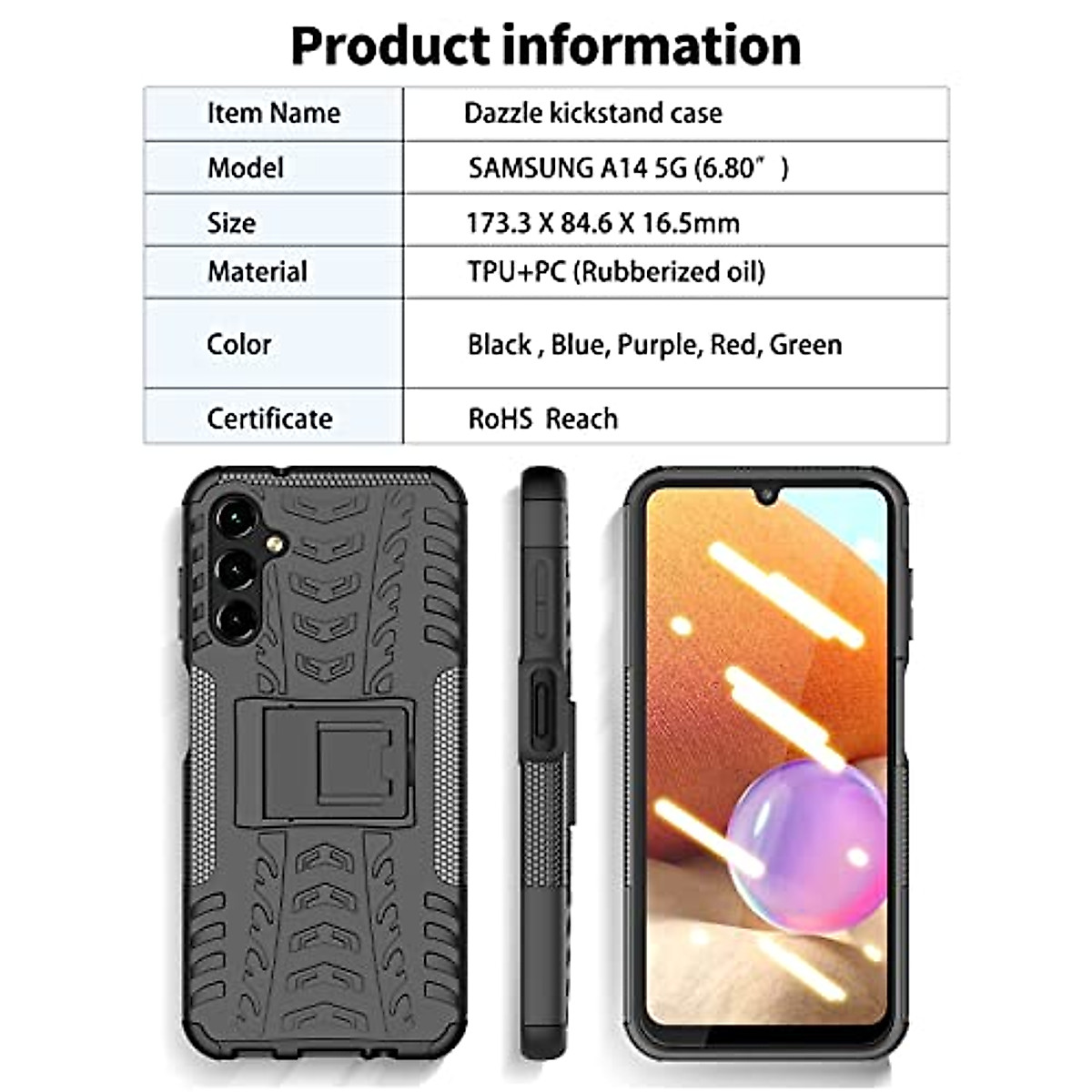 Folice for Galaxy A14 5G Case, [Heavy Duty][Shockproof] Soft Rubber Hard PC Tough Dual Layer Protective Case with Kickstand for Samsung Galaxy A14 5G (Black)