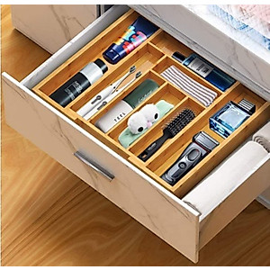 XYMiJiaLe bamboo expandable drawer organizer, bamboo drawer organizer, kitchen drawer organizer, cutlery tray, silverware organizer (6-8 slots) for kitchen, silverware, cutlery and makeup drawers.