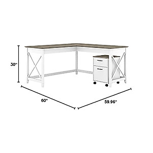 Bush Furniture Key West L Shaped Desk with 2 Drawer Mobile File Cabinet, 60W, Pure White and Shiplap Gray