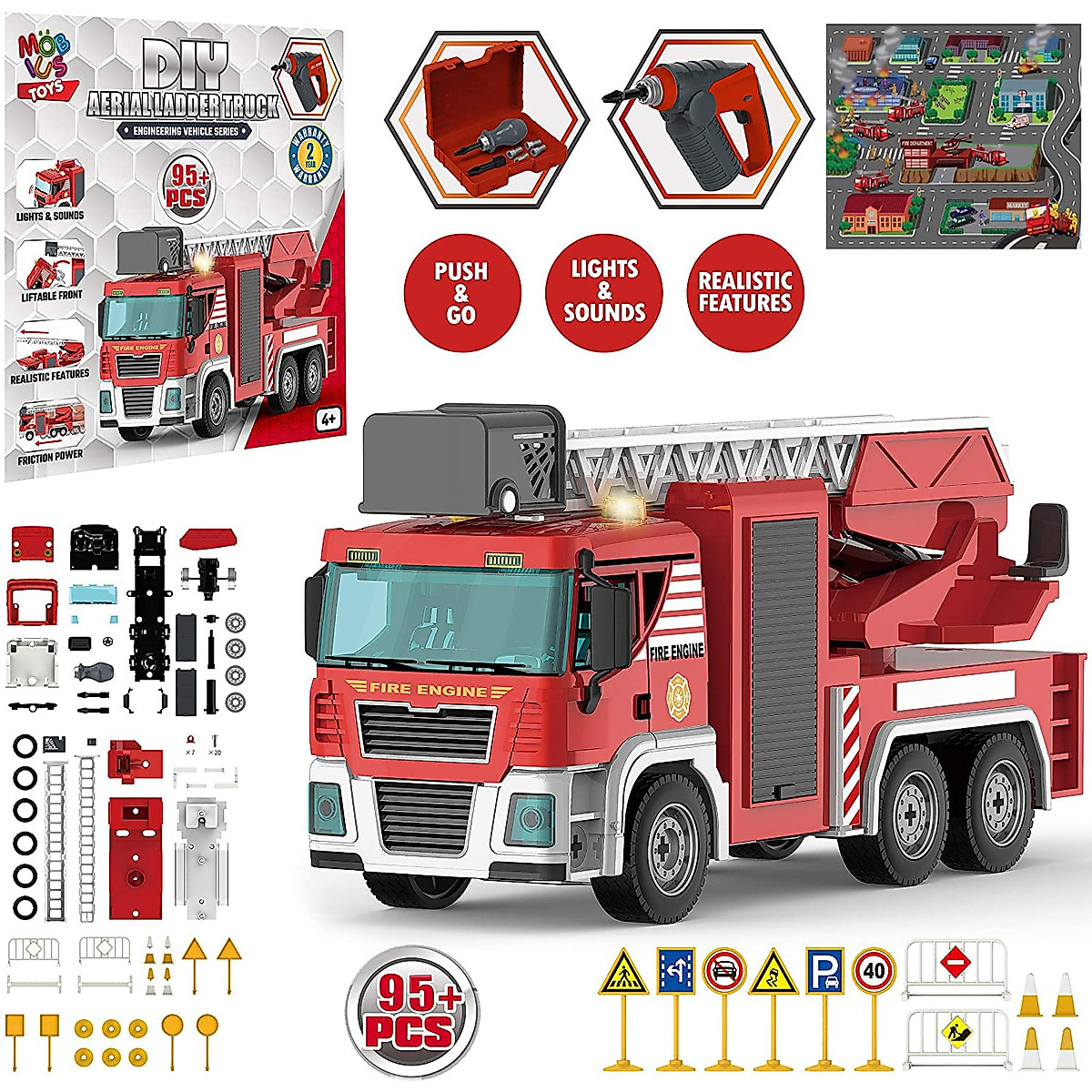 Building Fire Truck Toys - 95 Pcs DIY Assembly Fire Truck STEM Toy with Drill, Push & Go Friction Power Lights & Sounds for Kids- Take Apart Vehicle Fire Trucks for Boys Ages 4 5 6 7 8 Years Old
