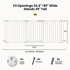 Tokkidas 24.4”-80” Auto Close Baby Gate, Extra Wide Dog Gate with One Hand Operation, Hardware Mount, Foldable 3 Steel Panels Angle, Deluxe Walk Thru Pet Gate for Stairs, Doorways, Kitchen, 29” Height