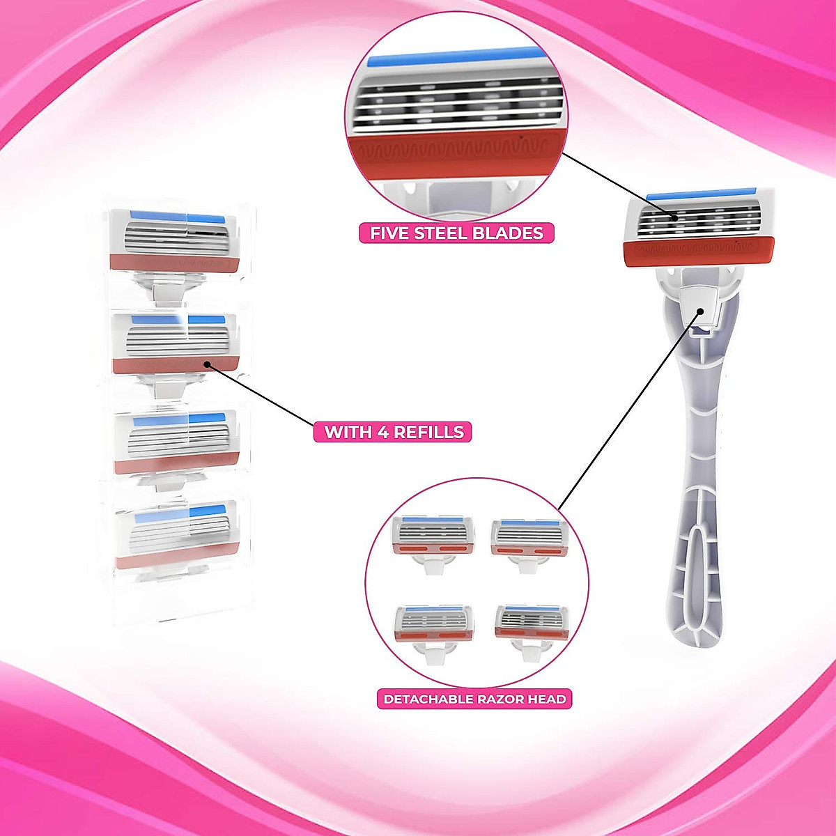 Nylea Razors for Women with Sensitive Skin, Premium Shaving Razor with Lubricating Strip Detachable Razor Head for Convinient Use, 5 Blades with 4 Refills