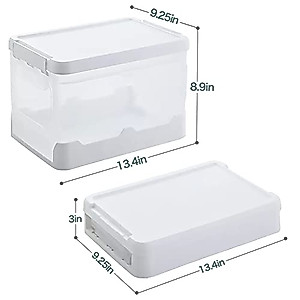 EZOWare 16 Quart Folding Plastic Storage Latch Box Basket with Lids, Stackable Lidded Organizer Container Bins - Set of 2, White / Clear