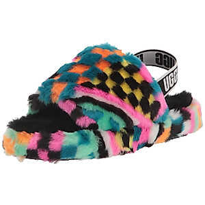 UGG Girls K Fluff Yeah Slide Checks Slipper, Black Multi, 6 Big Kid