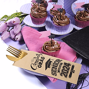 Ireer 100 Pcs Class of 2024 Graduation Paper Silverware Bags Utensil Holder for Graduation Party Supplies Pocket Sleeves for College Senior High School Congrats Grad Table Centerpiece Decor (Brown)