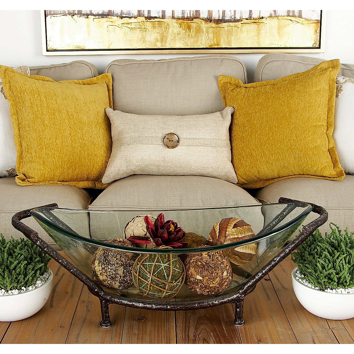 Deco 79 Tempered Glass Kitchen Serving Bowl with Brown Metal Base, 26" x 10" x 9", Clear