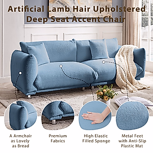 RXRRXY 85'' Modern Cloud Fluffy Loveseat Sofa Couch, Upholstered Deep Seat Love Seat with Thick Cushion, 3 Seater Comfy Boucle Couch with 2 Pillows & Metal Legs for Living Room, Office (Blue)