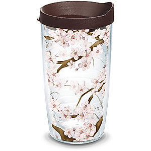 Tervis 1041201 Cherry Blossom Tumbler with Wrap and Brown Lid 16oz, Clear