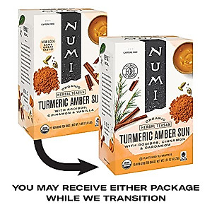 Numi Organic Amber Sun Turmeric Tea, 15 Tea Bags (Pack of 3), With Rooibos & Spices, Herbal Tea (Packaging May Vary).