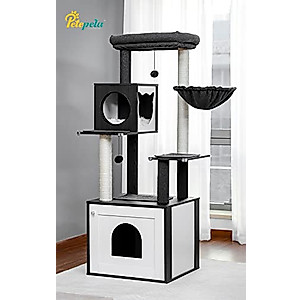 PETEPELA Modern Cat Tree Wood Cat Tower with Storage Cabinet Litter Box Enclosure and Spacious Cat Condo, Large Top Perch and Hammock, Sisal Covered Scratching Posts for Cats Black