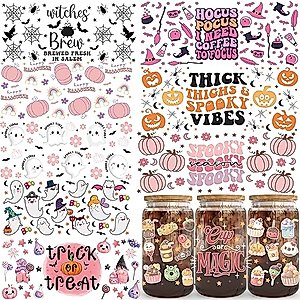 UV DTF Cup Wrap Transfer for Glass 16Oz Glass Can Rub on Transfer for Crafts, Cup Decal Stickers,9 Sheets Waterproof Ready to Apply, Ready to Press Transfers for Crafting Halloween Bats Spooky Pumpkin