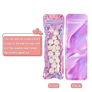 HRX Package 100pcs Pink Holographic Bags Packaging 2.4x7 inch, Resealable Bags Foil Ziplock Pouch Smell Proof Baggies for Lip Gloss, Eyeliner Pens, Jewelry, Candy