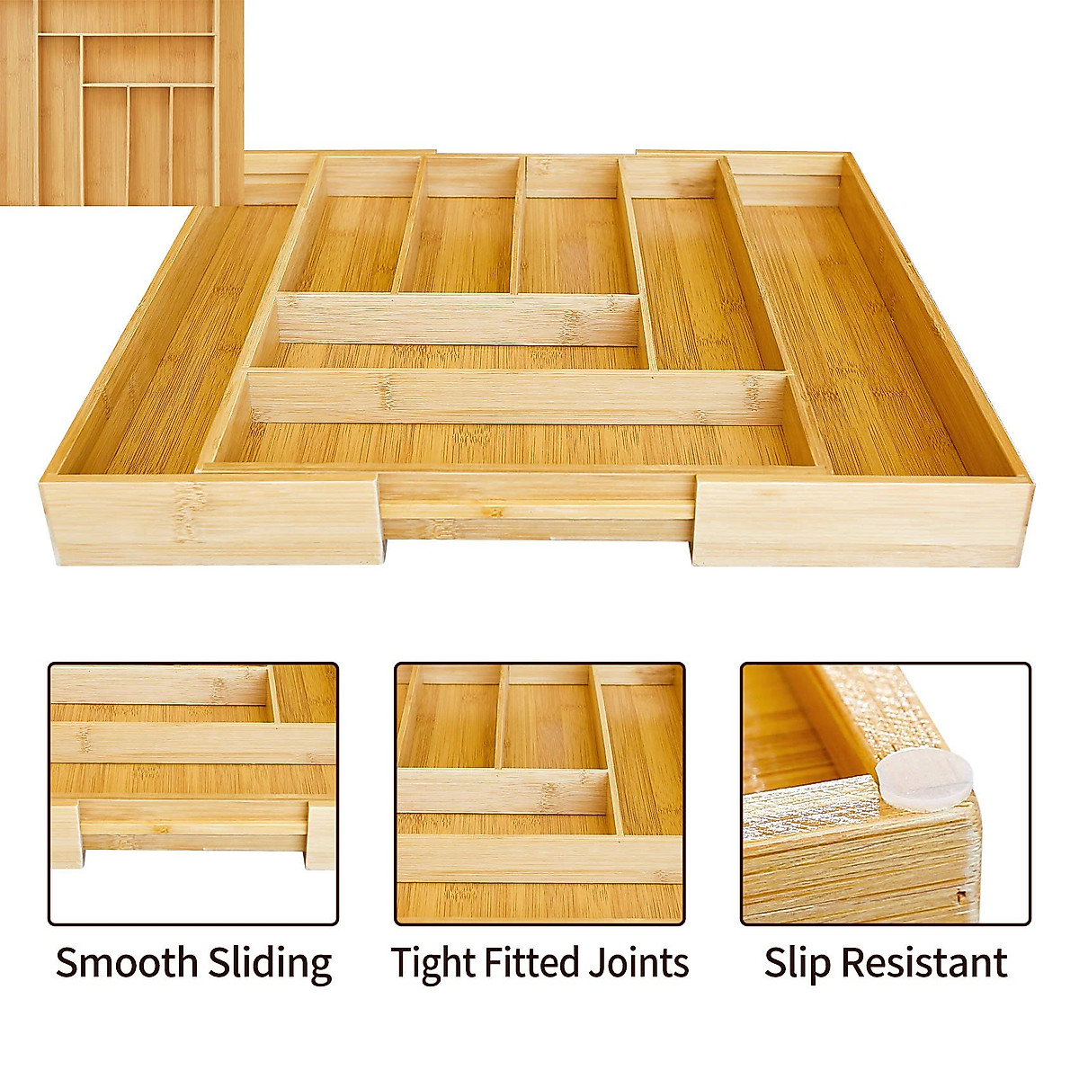 ZROOY Expandable Bamboo Kitchen Silverware Organizer Drawer for Utensils Holder and Cutlery, 8 Compartments for Drawer Tray with Grooved Drawer Dividers , Flatware and Kitchen Utensils (Natural)