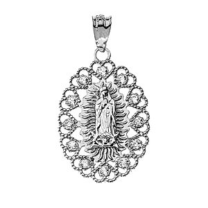 LA BLINGZ 10K White Gold Virgin Mary Lady of Guadalupe Diamond Filigree Pendant