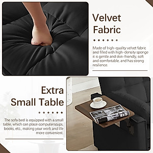 JEEOHEY 3 in 1 Sleeper Sofa Bed,47" Velvet Tufted Futon Pull Out Couch Bed,2 Seater Loveseat Chaise Lounge with Reclining Adjustable Backrest&Table for Living Room,Apartment,Office,Small Space(Black)