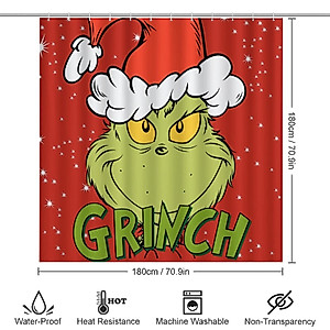 Oylyoyea Christmas Bathroom Shower Curtain Set, Christmas Shower Curtain 4-Piece Set with Non-Slip Rug, Toilet Seat Cover and Bath Mat, Holiday Home Decor (Style 1) (Red)