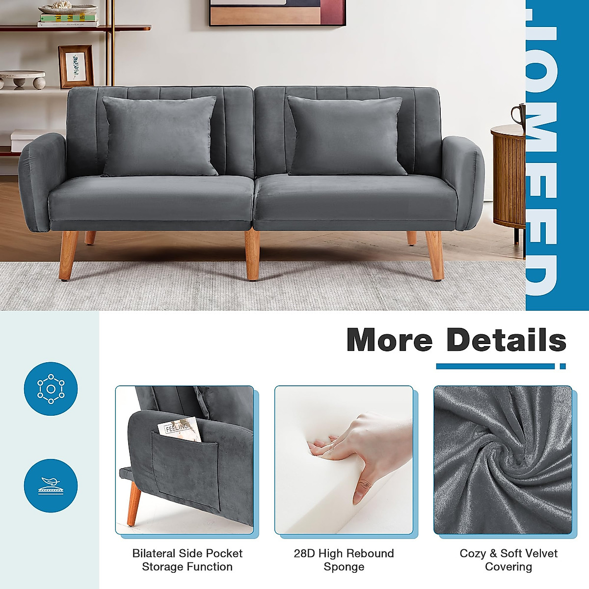 JOMEED 65" Velvet Loveseat Sofa,Modern Couch for Living Room,Futon Sofa Bed with Adjustable Backrest for Small Spaces,Dorm,Apartment