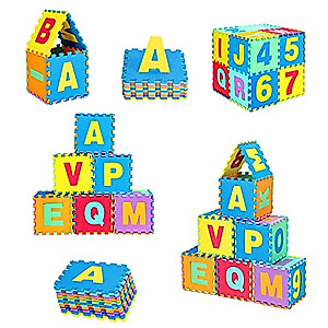 Costzon 72 Pieces Baby Play Mat w/Fence, Baby 0.4'' Thick EVA Baby Crawling Mat w/Detachable Numbers, Waterproof Soft Playmat for Toddler Infants (72 Pieces, Alphabet + Numbers)
