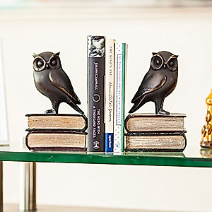 Danya B. Owl Bookends Decorative Rustic Bookshelf Decor - Owls Bookend Set for Heavy Books - Bronze Finish