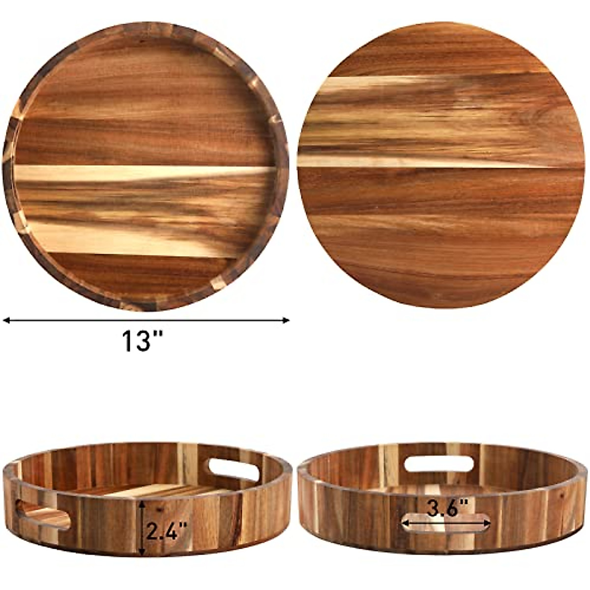 Elsjoy 13 Inch Round Wooden Serving Tray, Acacia Wood Tray Decorative Ottoman Tray with Handles, Acacia Serving Tray for Ottoman, Breakfast, Raised Edge