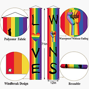 Love Wins Pride Day Porch Banner LGBT Rainbow Stripes Heart Gay Lesbian Front Door Wall Sign Party Decoration