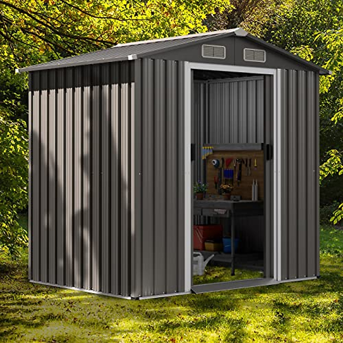 Giantex Outdoor Storage Shed 6 x 4 FT, Double Sliding Door, 4 Front and Back Vent, Galvanized Metal Garden Storage Room, Weather Resistant Tool Storage Shed for Backyard Patio Lawn (Gray)