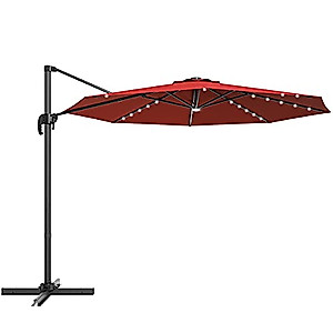 TANGKULA 10 ft Patio Led Cantilever umbrella, Solar Powered Led, 360 degree Rotation Outdoor Offset Umbrella with Aluminum Pole, Cross Base and Cover, Suitable for Garden, Deck, Backyard, Pool