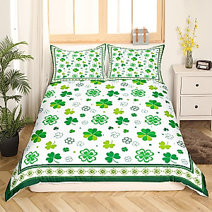 Manfei St. Patrick's Day Duvet Cover Set Queen Size, Lucky Clovers Comforter Cover with 2 Pillowcases, Green Shamrocks Bedding Set 3pcs for Kids Boys Girls Bedroom Decor Lightweight Bedspread Cover