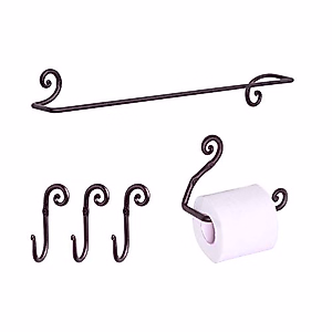 RTZEN Wrought Iron Bathroom Accessories Set, Decorative Bath Towel Bar, Set of 3 Decorative Hooks and Toilet Paper Holder
