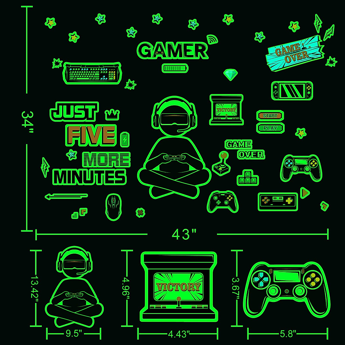 Glow in The Dark Game Wall Decal Video Game Room Decor Gaming Decals for Boys Room Wall Stickers for Kids Bedroom Sticker Home Playroom Decoration