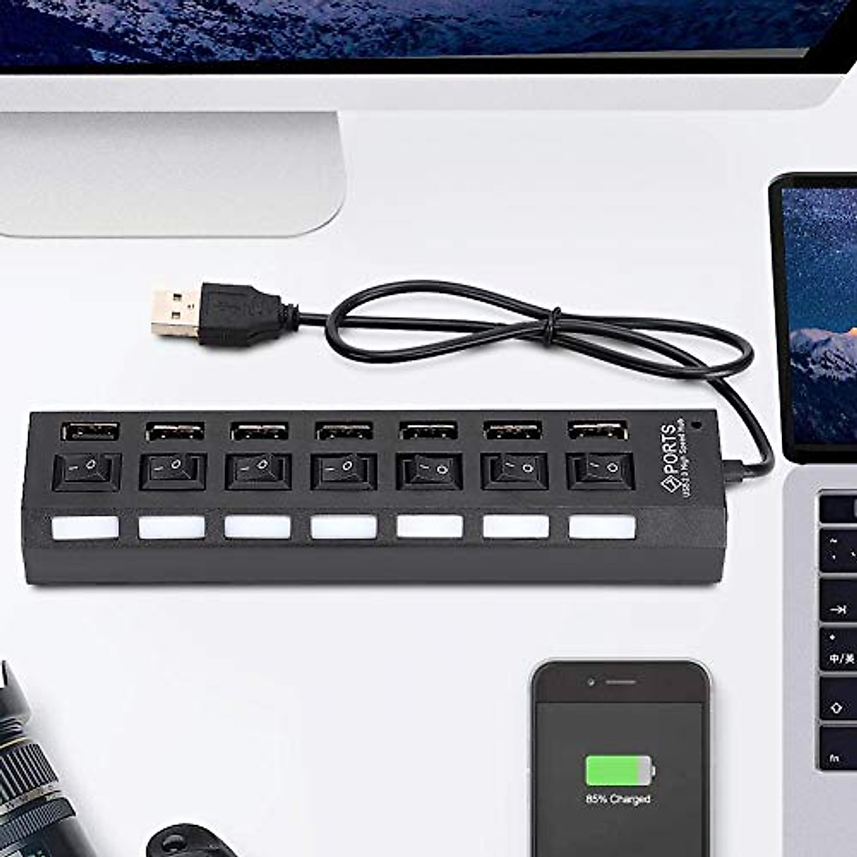 125 7-Port USB Hub Splitter,480Mbps High-Speed USB Port Expander Charging Hub,Overload Current Desktop Hub with 7 Power Independent Switches