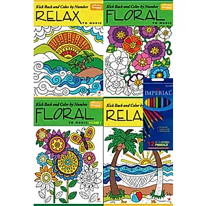 Landoll Stress Relieving Adult Color-by-Number Books Assorted 4-Pack Plus 12 Colored Pencils