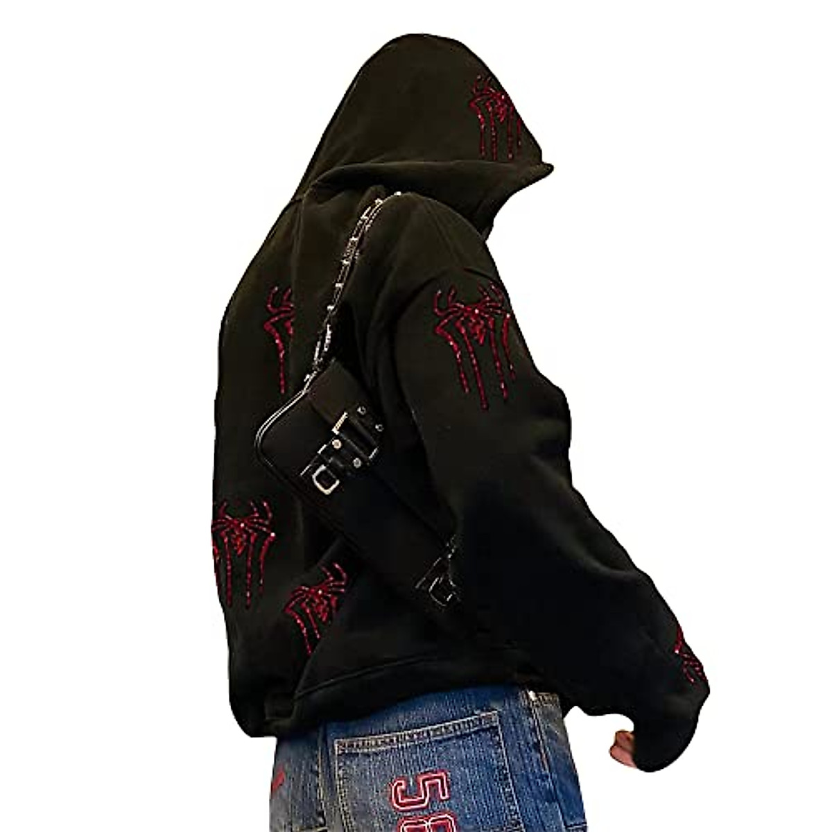 Cbsdezanos Y2k Zip Up Hoodie for Women Rhinestones Skull Skeleton Hoodies Long Sleeve Hooded Sweatshirt Gothic Harajuku Streetwear (Black Red Spider, S)